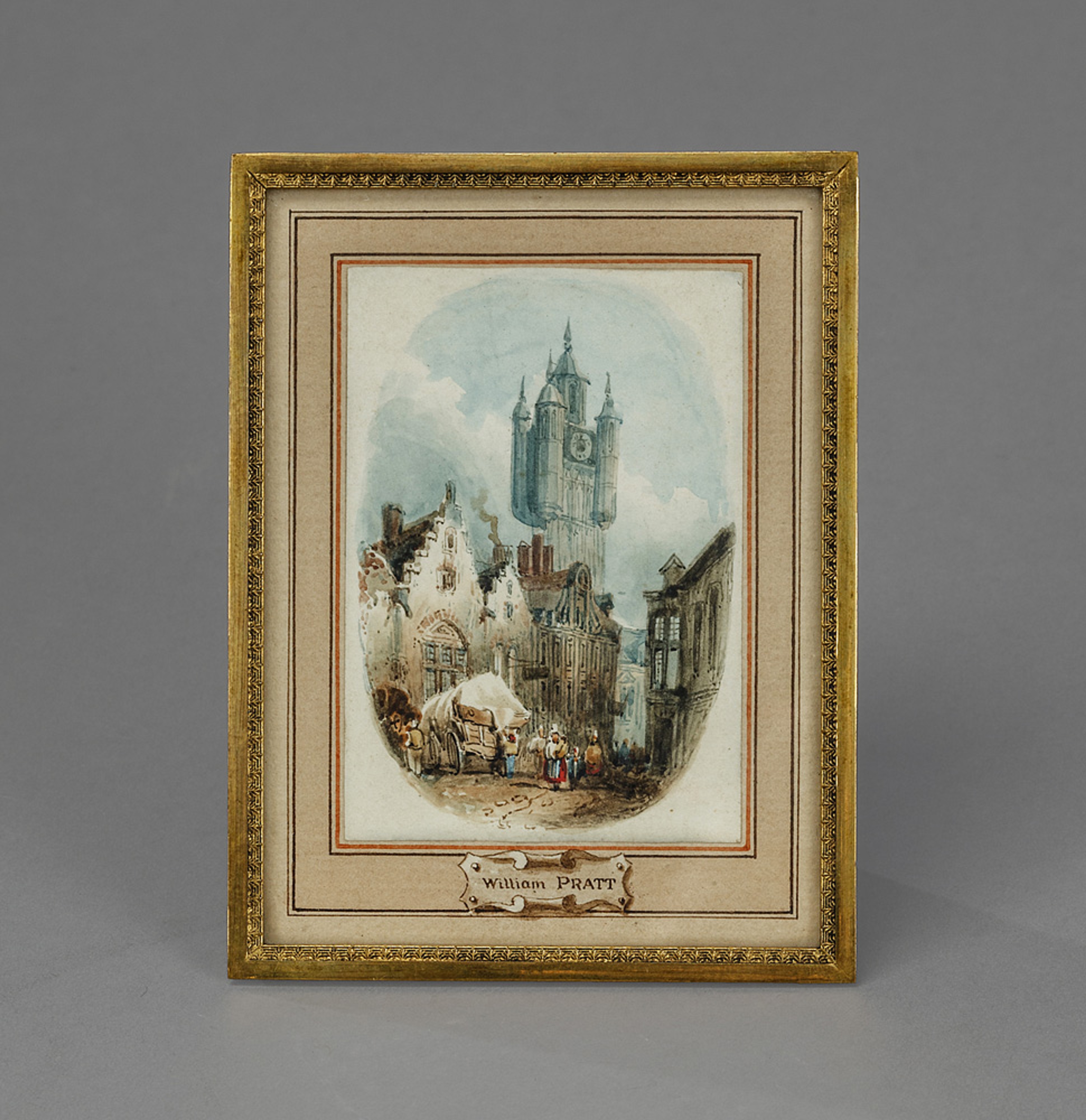 Scène de rue animée , petite aquarelle ovale dans… | Piguet