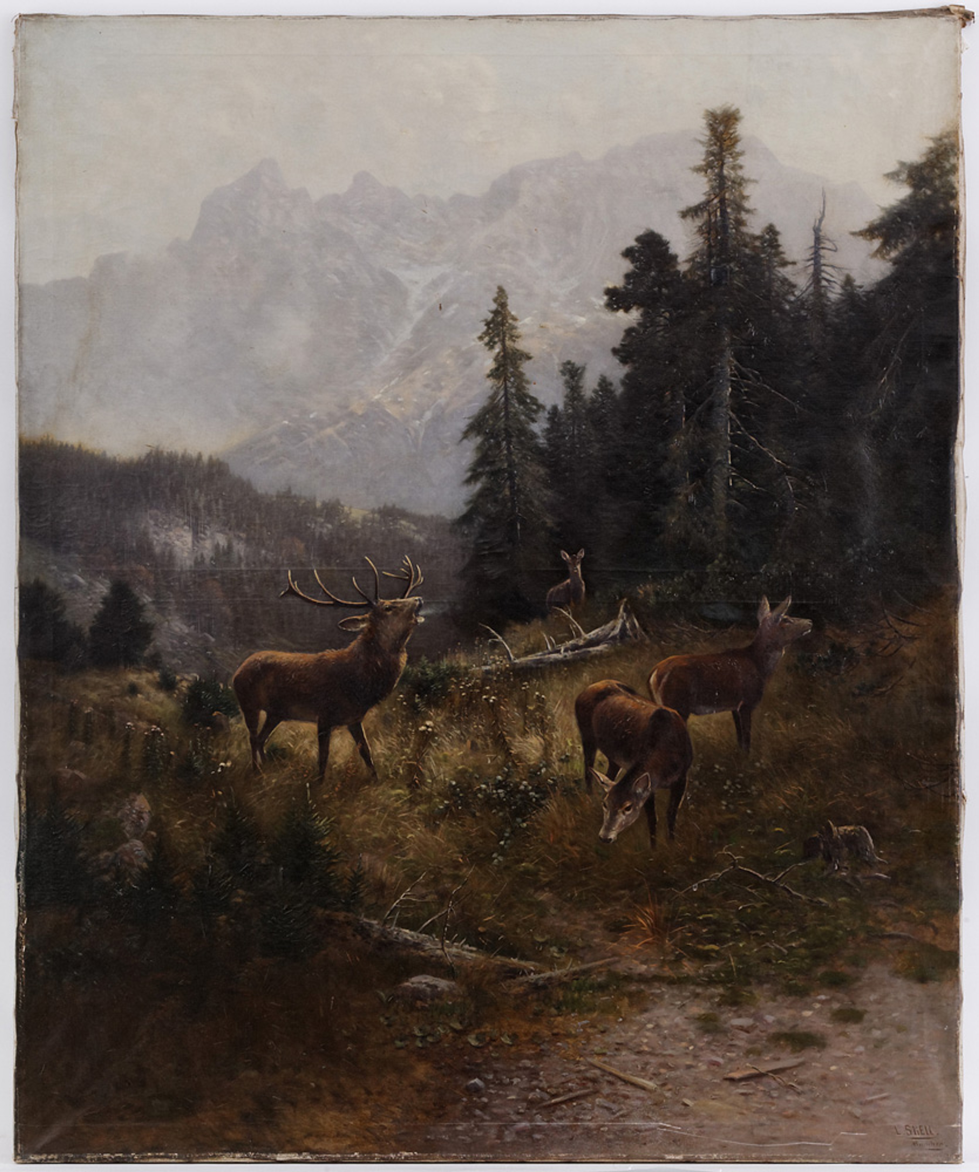 Ludwig Skell (1842-1905), Cerf au brame et biches… | Piguet